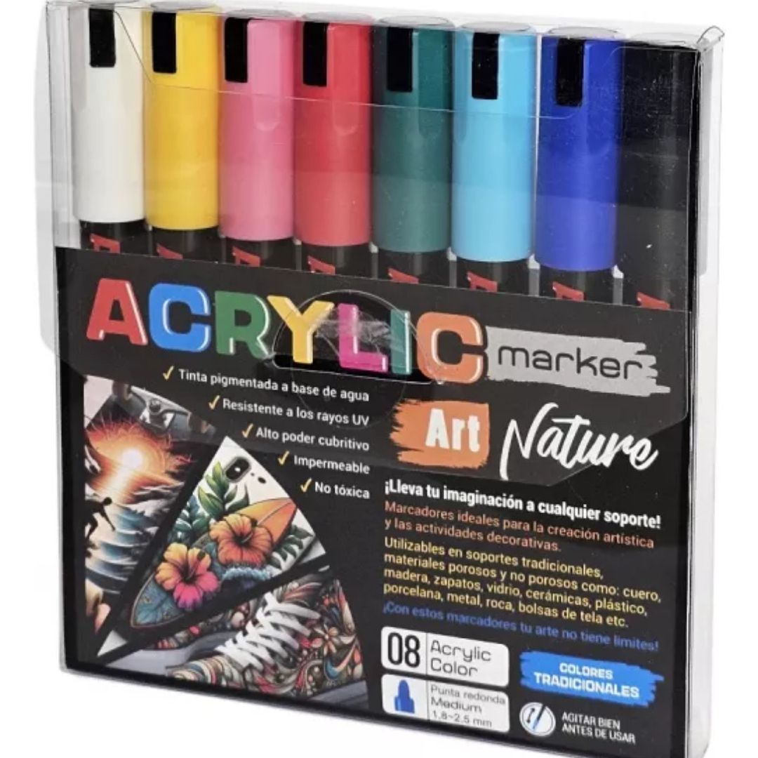 PACK 8 MARCADORES ACRILICOS ART NATURE COLORES CLASICOS TRAZO FINO